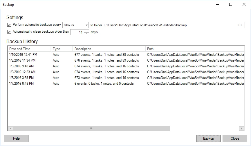 VueMinder Pro and Ultimate Help - Backup Data