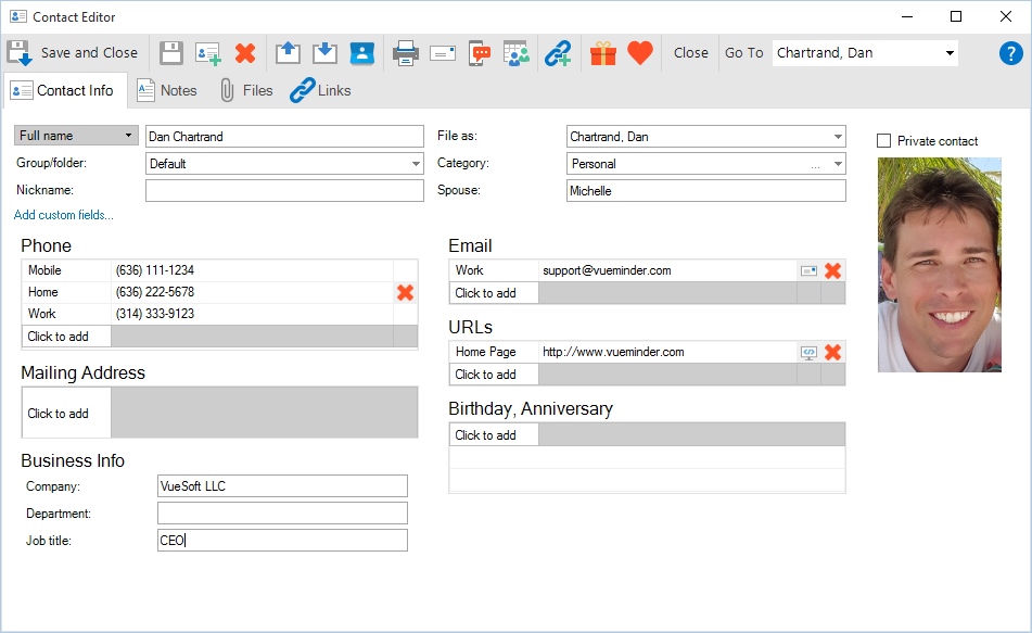 VueMinder Pro and Ultimate Help - Contact Editor