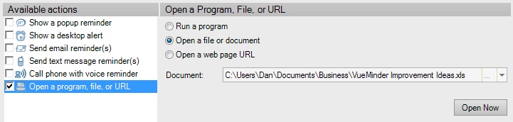 VueMinder Pro and Ultimate Help - Open a Program, File, or URL