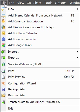 VueMinder Pro and Ultimate Help - File Menu