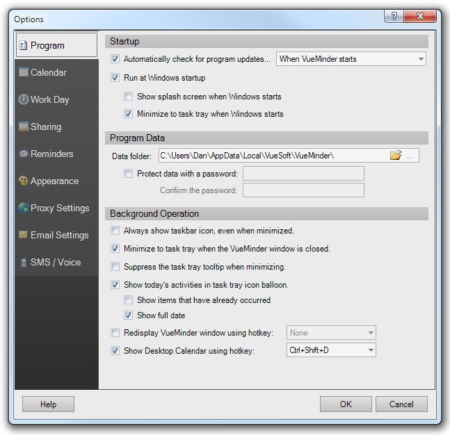 VueMinder Pro and Ultimate Help - Program Options
