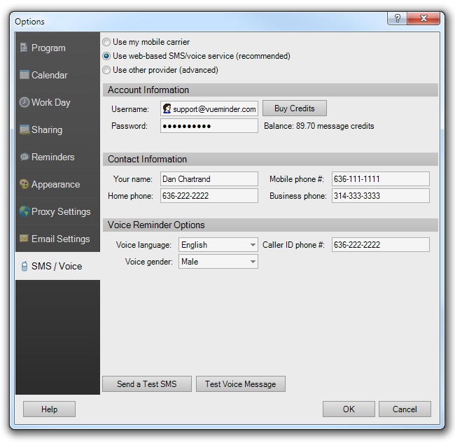 VueMinder Pro and Ultimate Help - SMS/Voice Settings