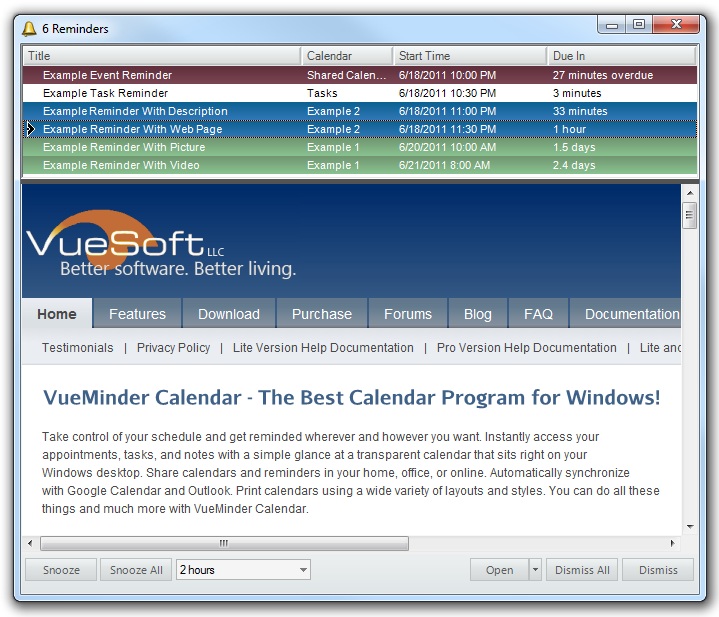 VueMinder Pro and Ultimate Help - Popup Reminder Window