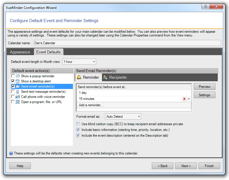 VueMinder Pro and Ultimate Help - Configuration Wizard - Event Defaults